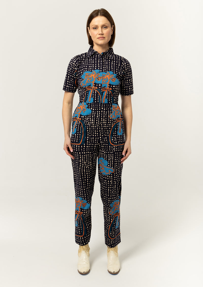 Kami Jumpsuit | BEL KAZAN | Black Vase Printed Cotton Poplin Jumpsuit Handmade in Bali